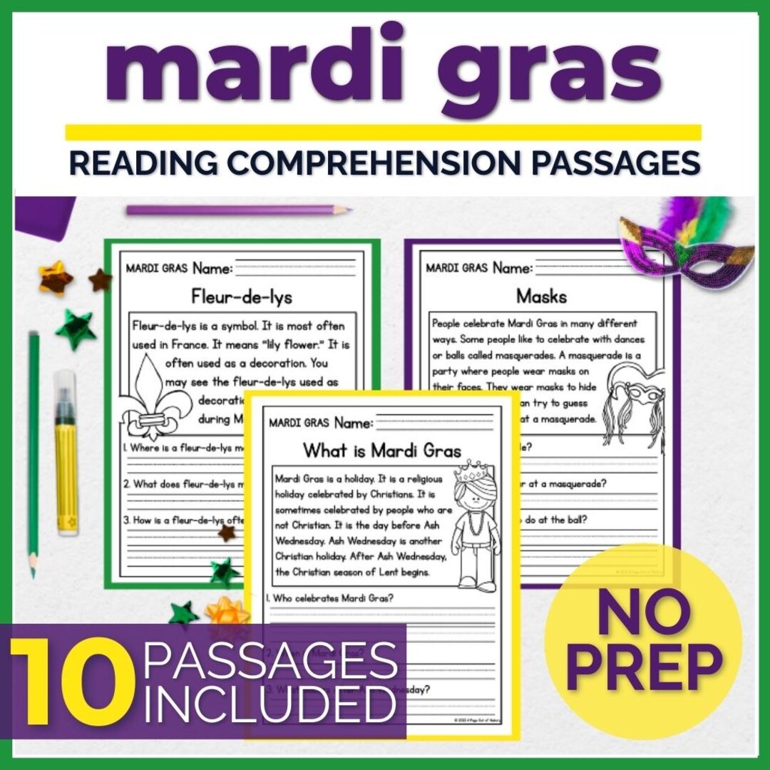 K-2 Reading Comprehension Pages, Mardi Gras Passages & Questions ...
