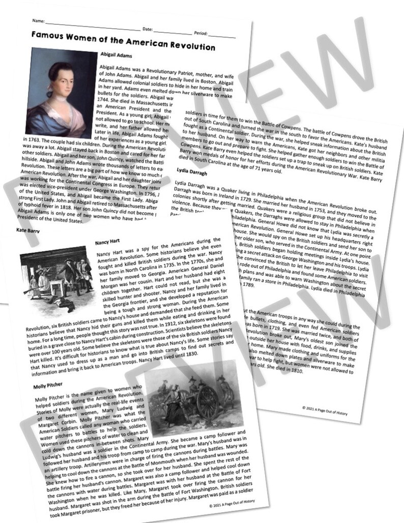 Famous Women During the American Revolution Reading Worksheets and ...
