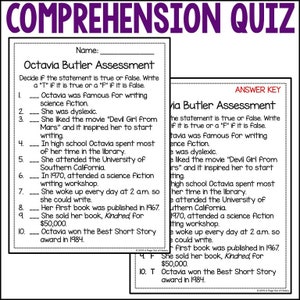 Biography Unit | Octavia Butler Reading No Prep Comprehension, Writing ...