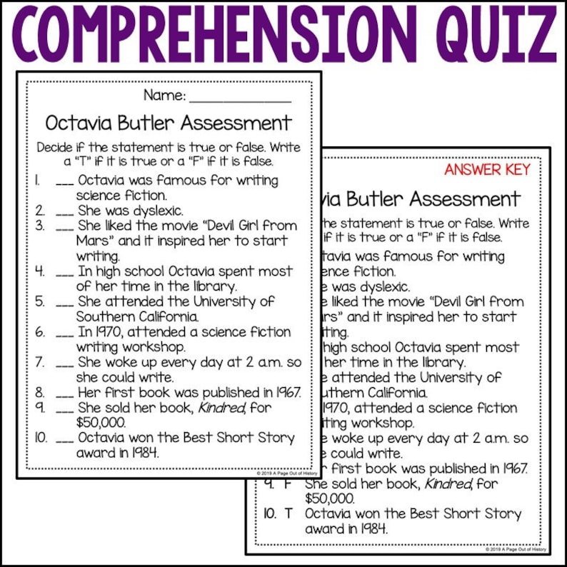 Biography Unit | Octavia Butler Reading No Prep Comprehension, Writing ...