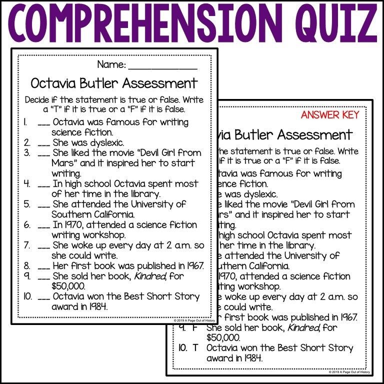 Biography Unit | Octavia Butler Reading No Prep Comprehension, Writing ...