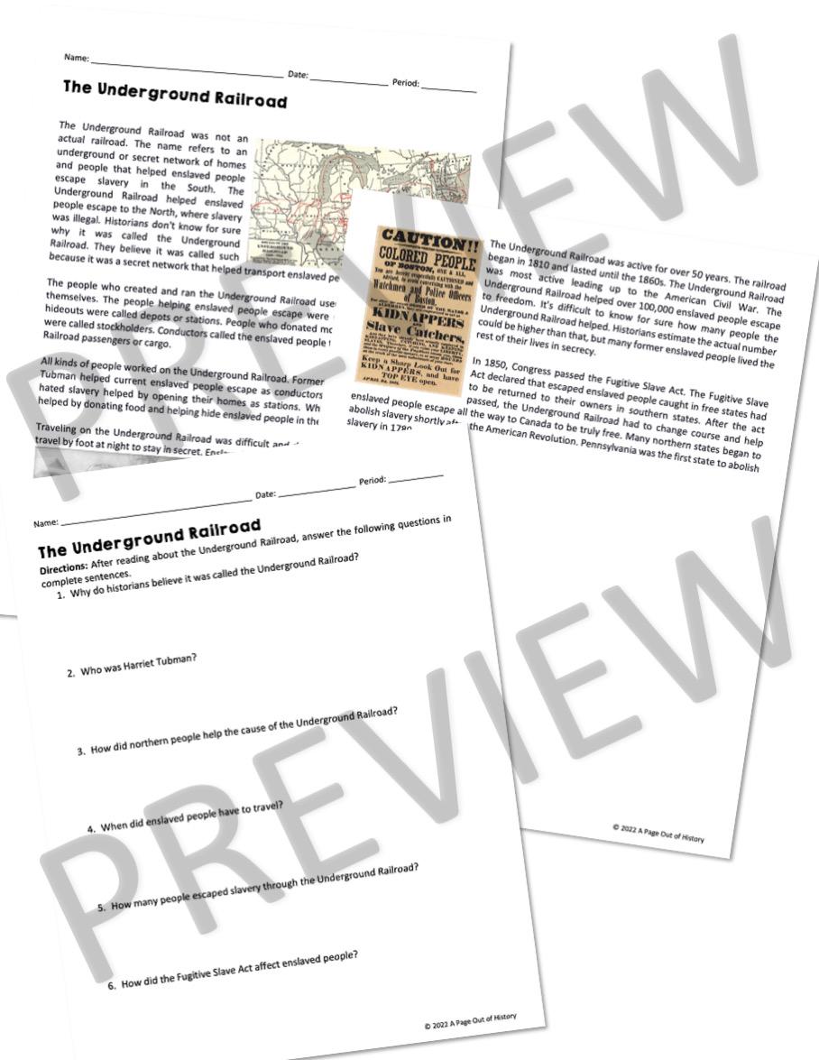 Underground Railroad Civil War Slavery Reading Comprehension Worksheets ...