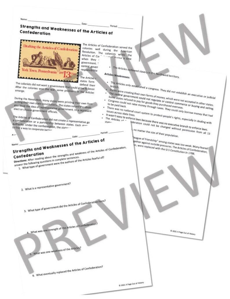 Strengths & Weaknesses Articles of Confederation Reading Worksheet, US ...