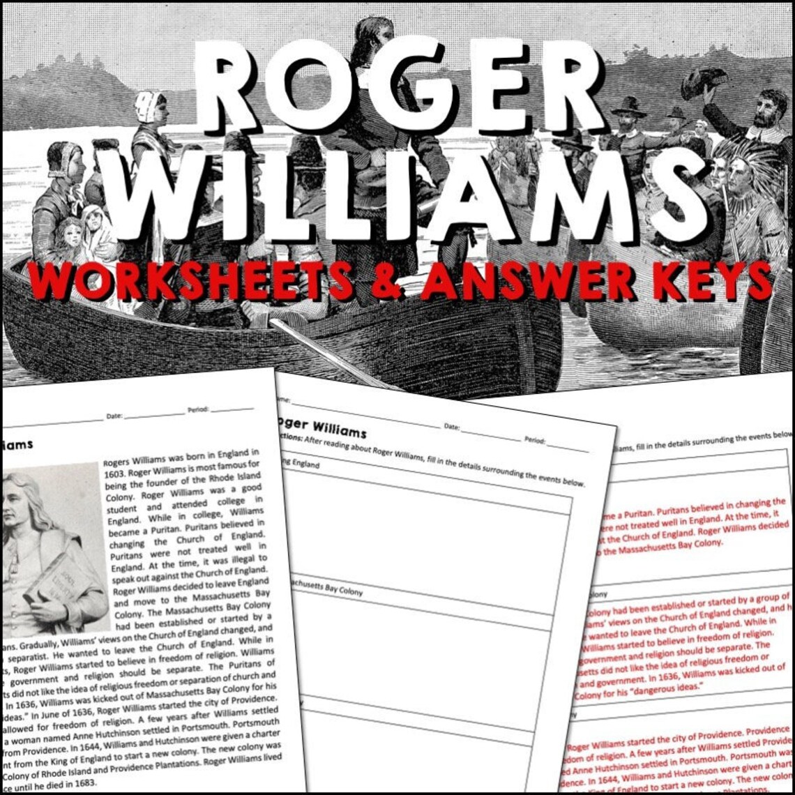 Roger Williams Reading Worksheets and Answer Keys 6-12 Homeschool ...