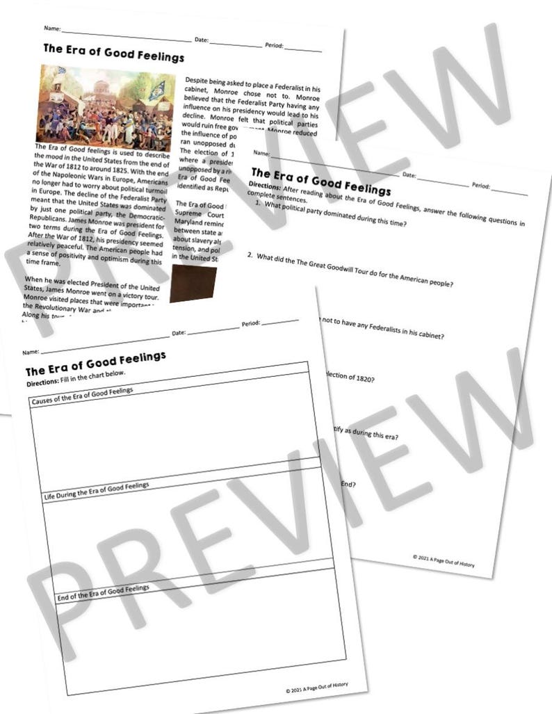 Era of Good Feelings Early American Republic Reading Worksheets and ...