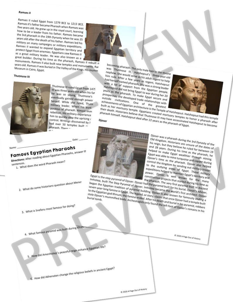 Famous Ancient Egyptian Pharaohs Reading Worksheets, Ancient ...