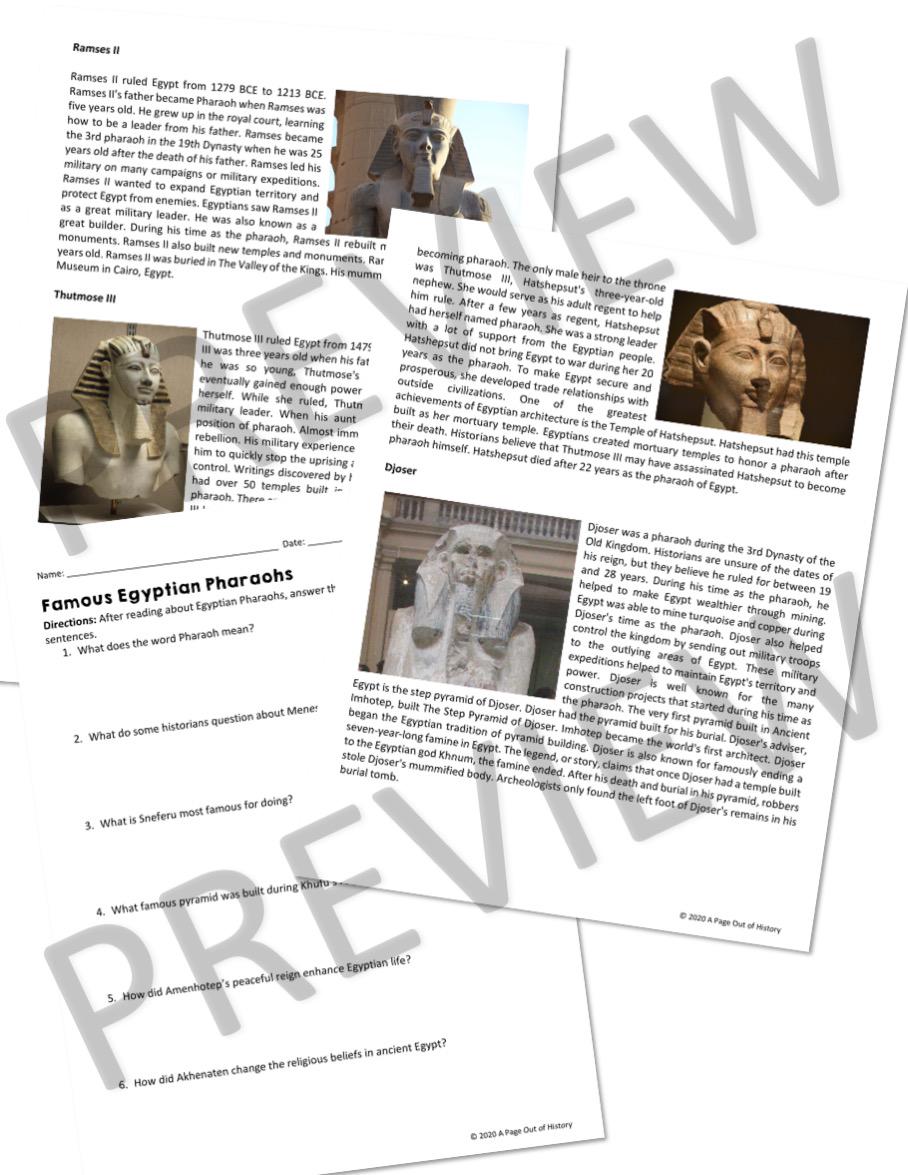Famous Ancient Egyptian Pharaohs Reading Worksheets, Ancient ...