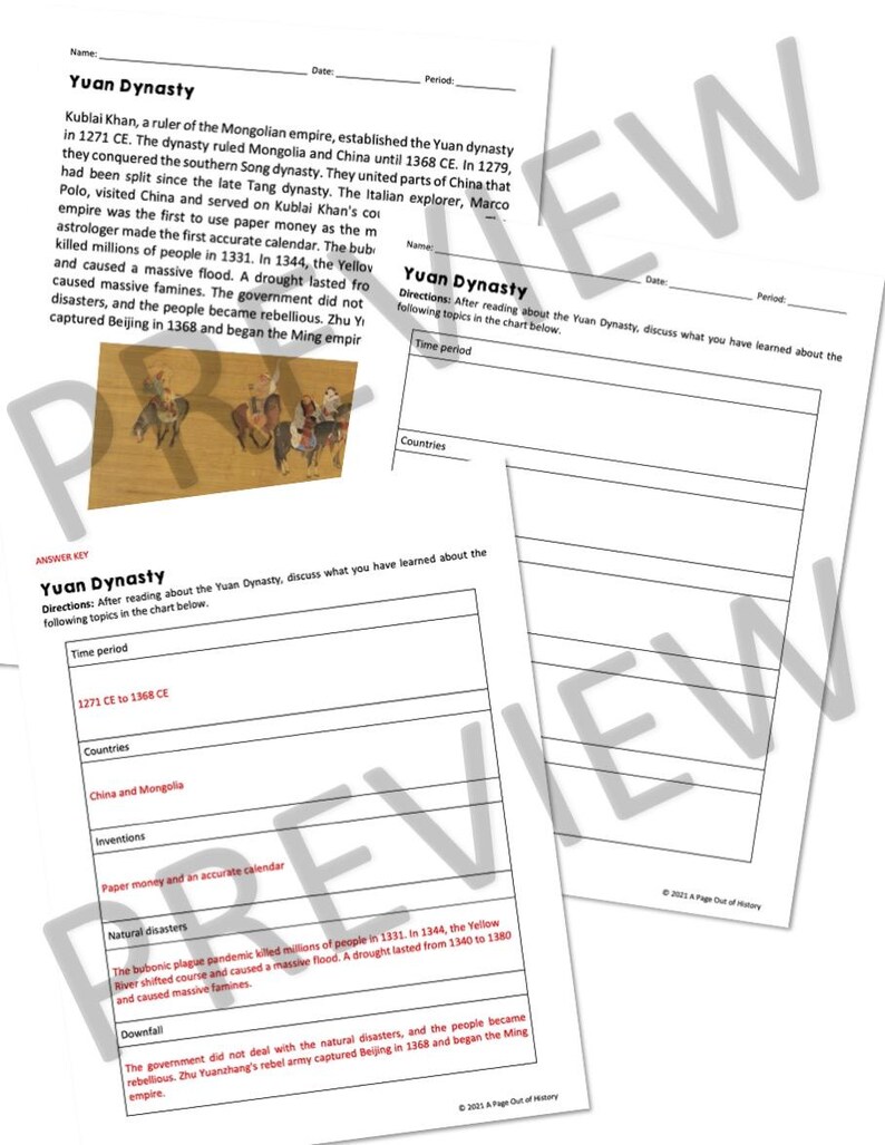 Yuan Dynasty Reading Comprehension Worksheet & Answer Keys, Ancient ...