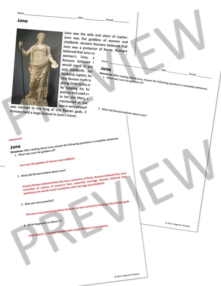 Juno Roman Mythology Reading Worksheets & Answer Keys, Preschool ...