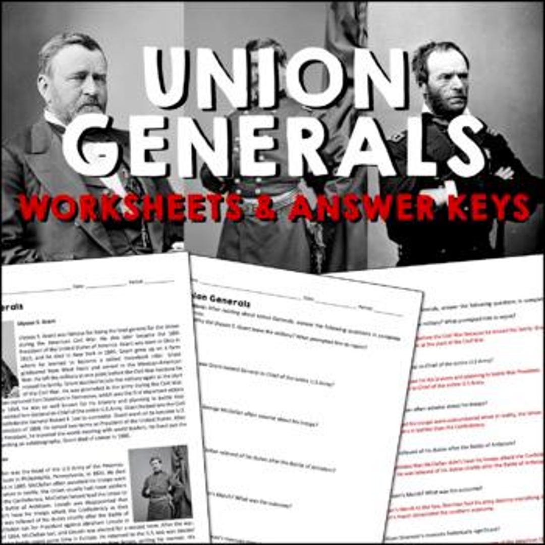 Union Generals Civil War Reading Worksheets and Answer Keys, Preschool ...