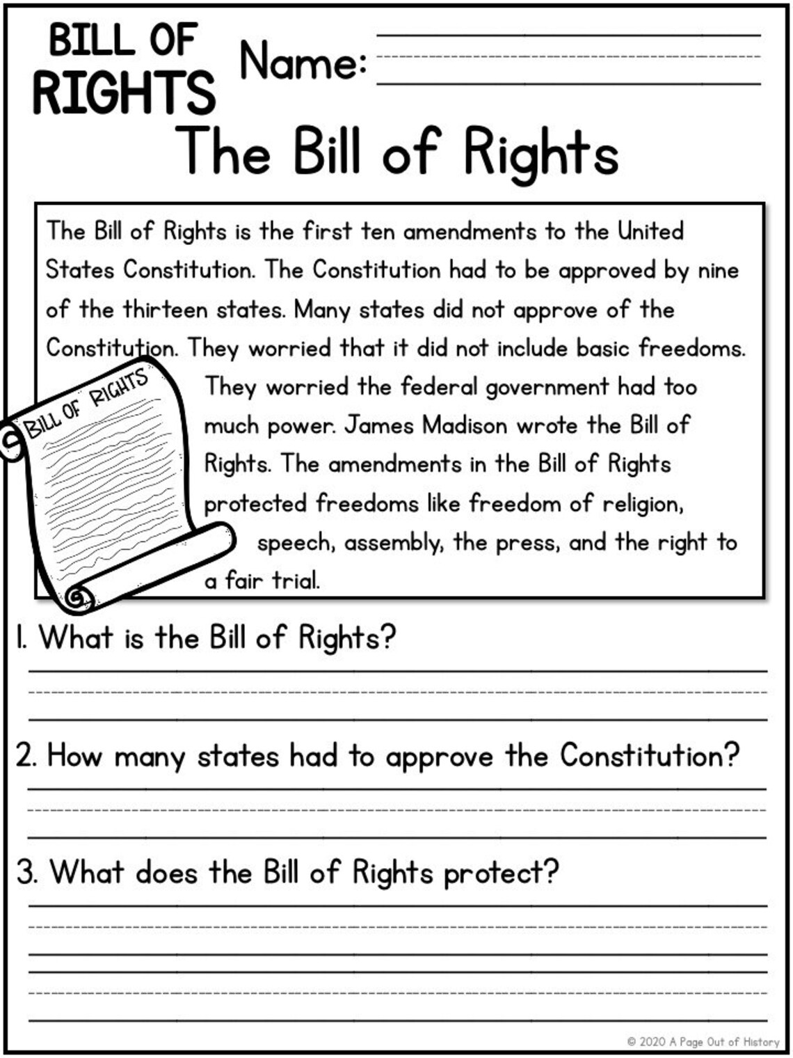 Bill of Rights Reading Comprehension Passages K-2 Homeschool | Etsy