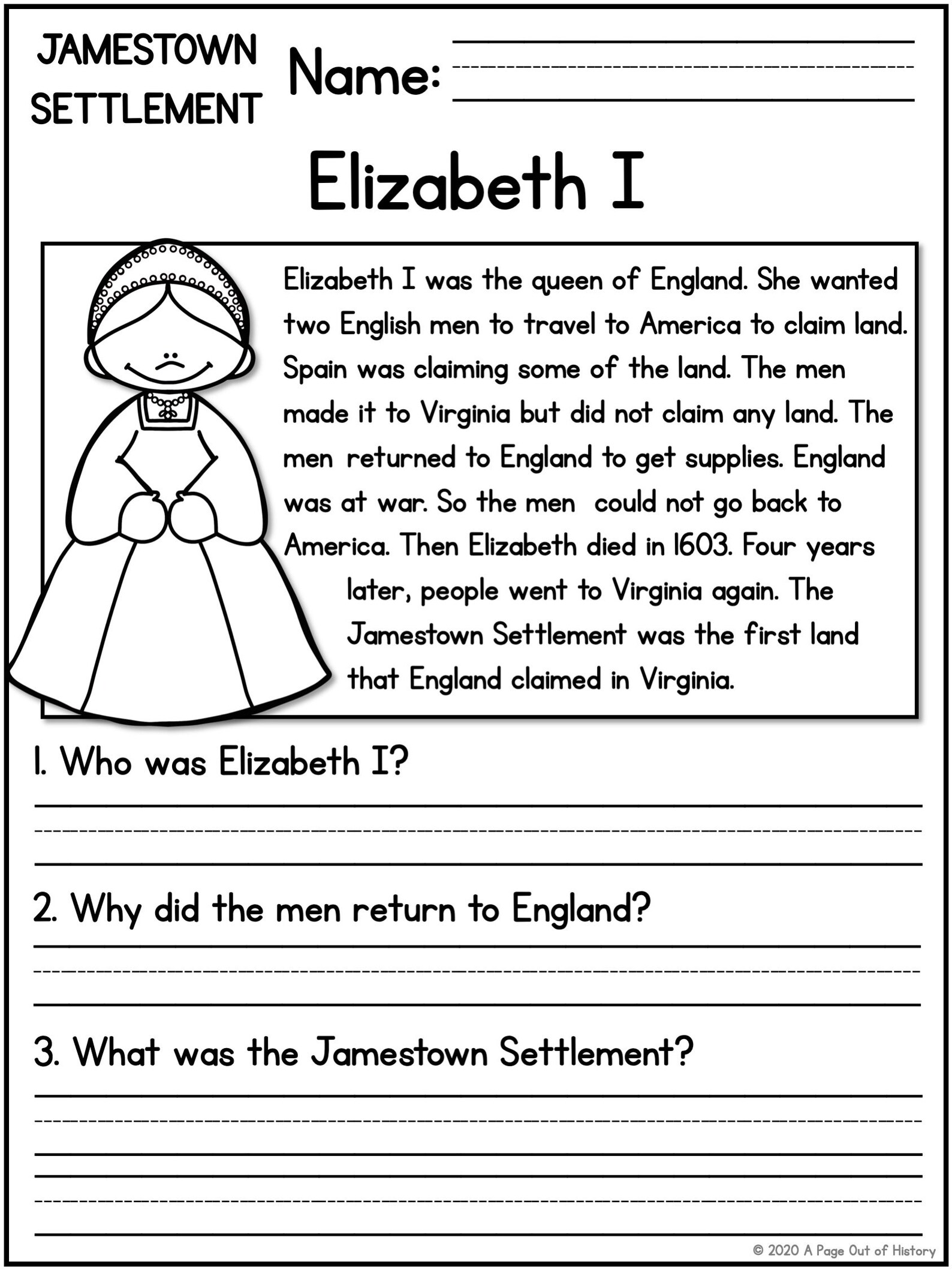 Jamestown Settlement Reading Comprehension Passages K-2 Homeschool ...