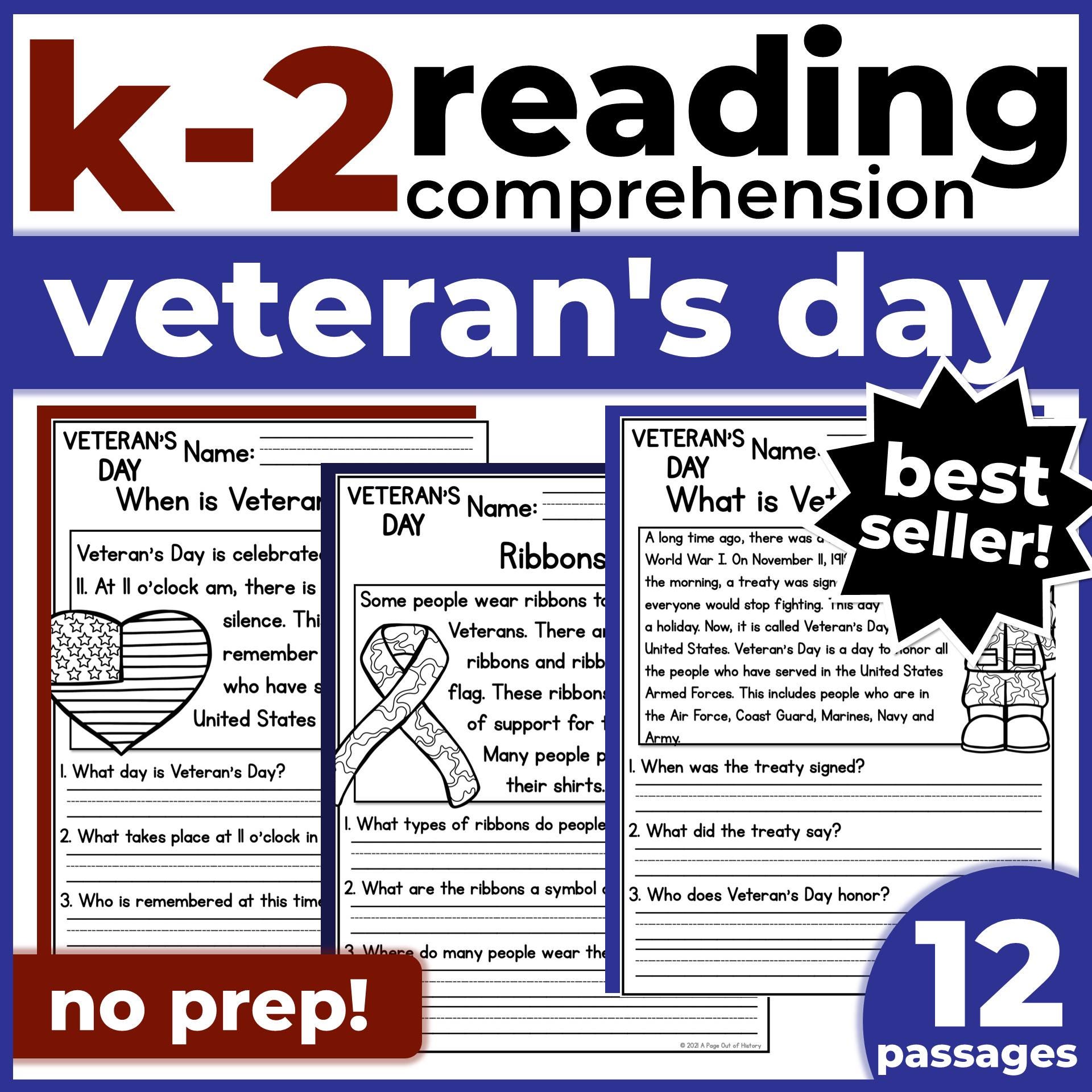 1st 2nd Grade Reading Comprehension Worksheets, Veterans Day Passages ...