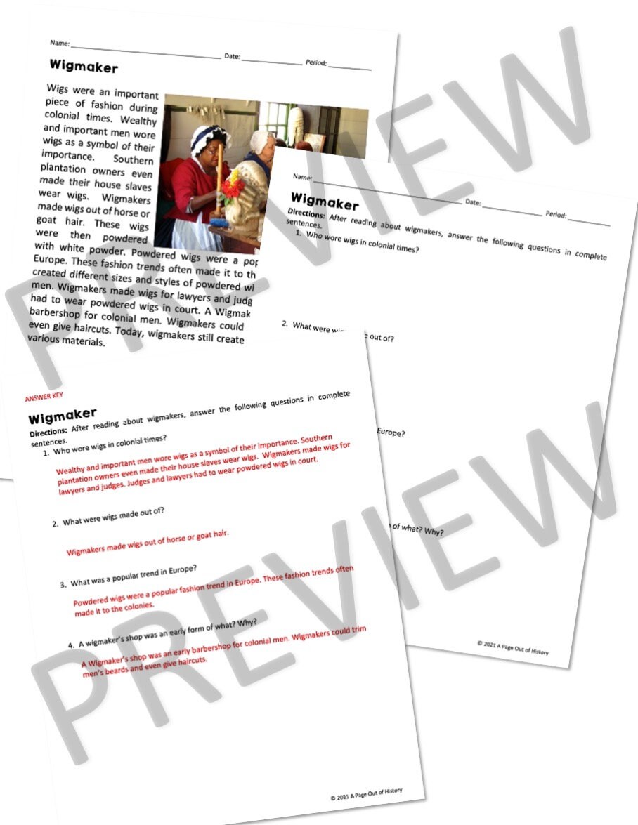 Colonial Wigmaker Reading Printable Pages, Homeschool Comprehension ...