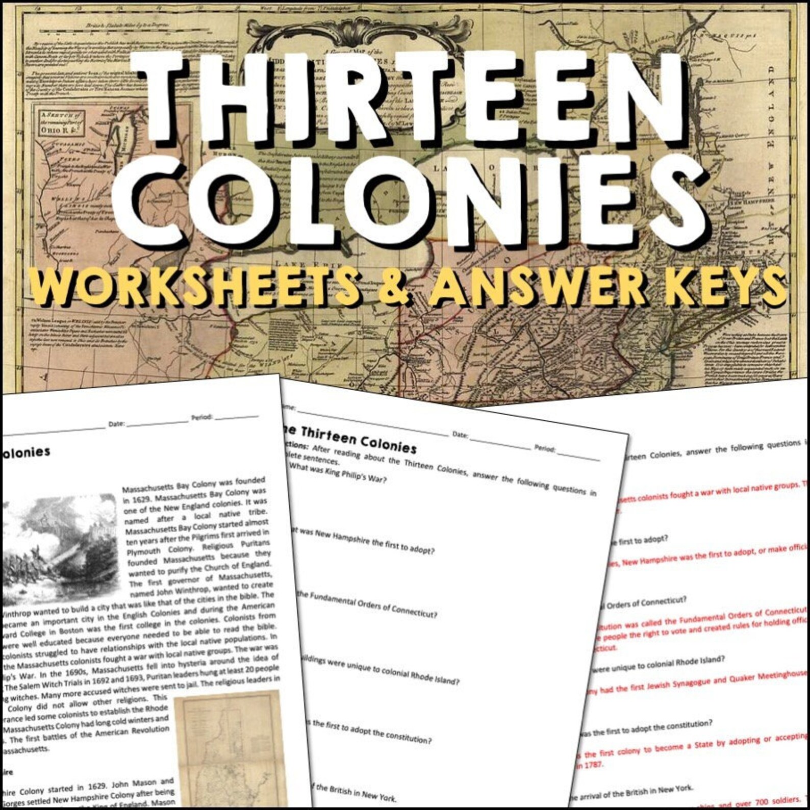 Thirteen Colonies Reading Practice Worksheets & Answer Keys, Passages ...