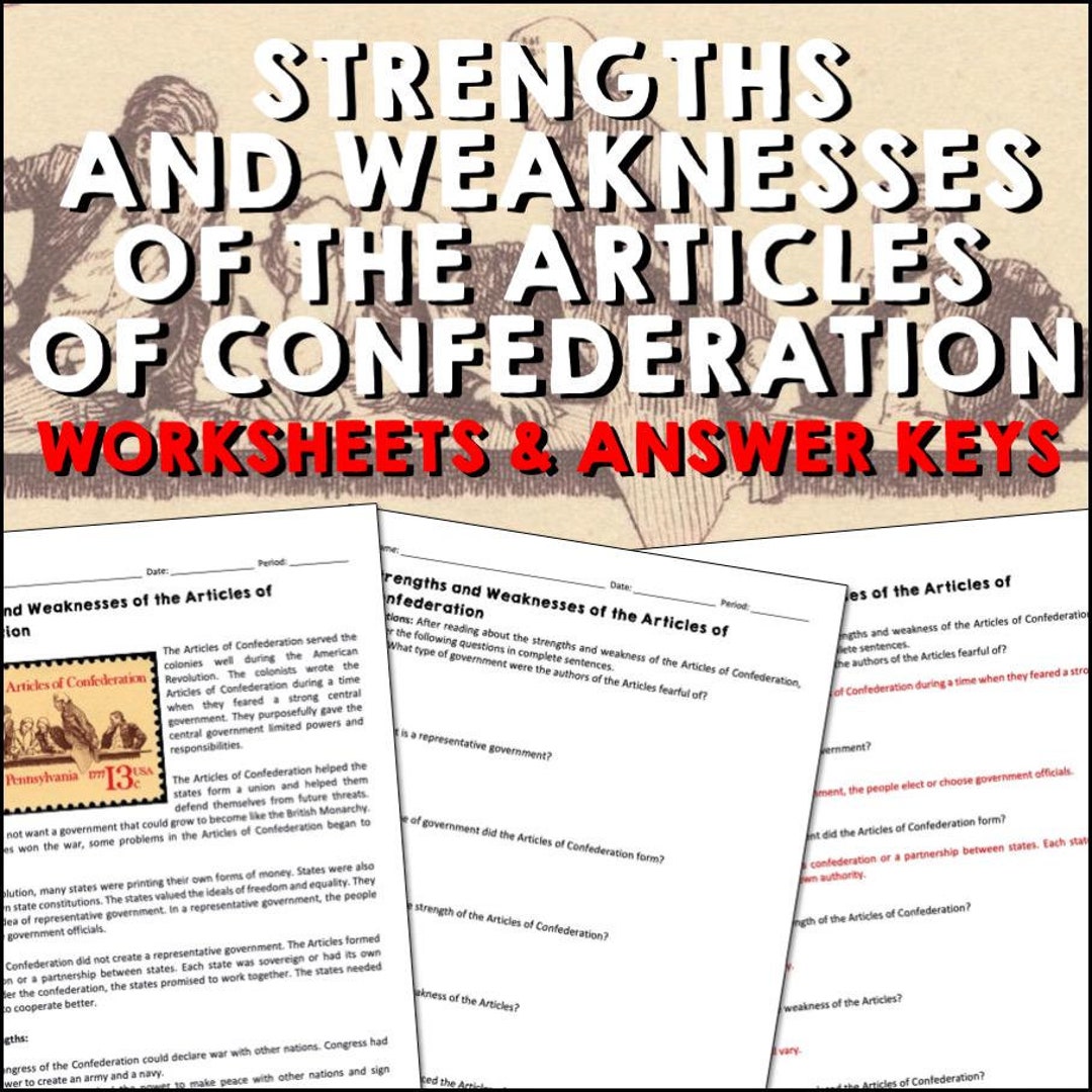 Strengths & Weaknesses Articles of Confederation Reading Worksheets ...