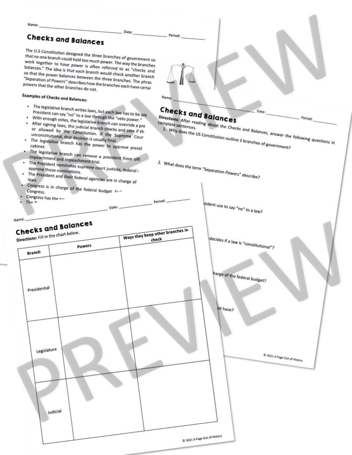 Checks and Balances US Government Reading Worksheets Answer Keys | 6-12 ...
