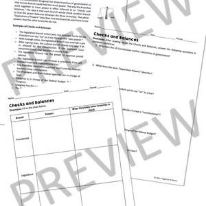 Checks and Balances US Government Reading Worksheets Answer Keys | 6-12 ...