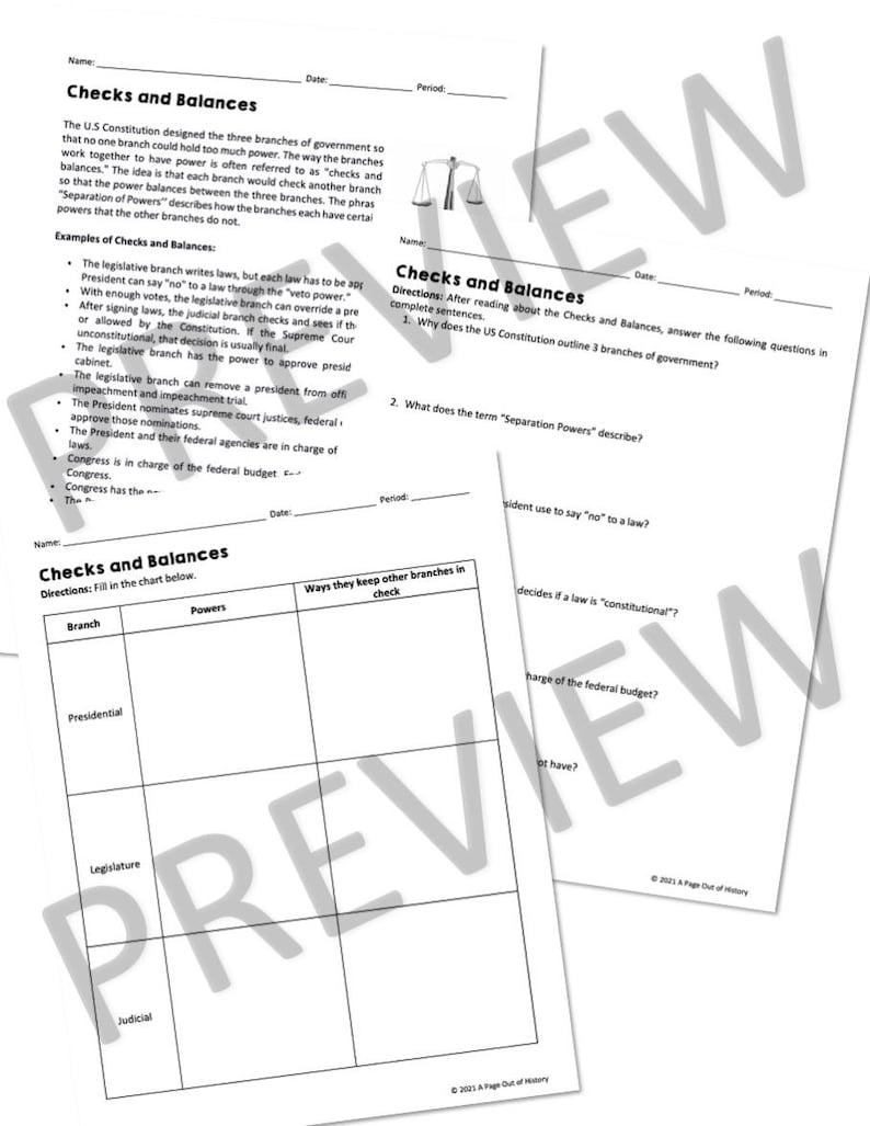 Checks and Balances US Government Reading Worksheets Answer Keys | 6-12 ...