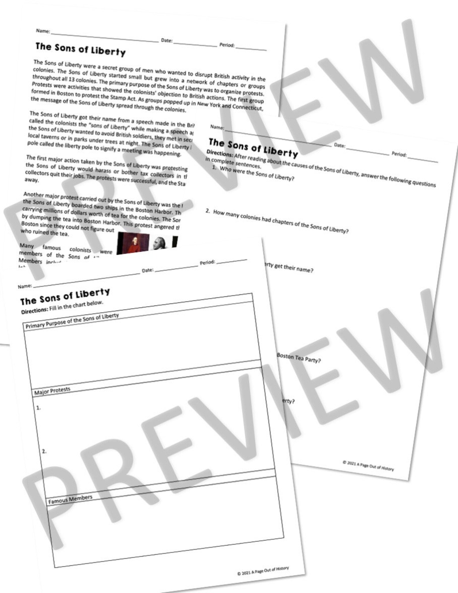 Sons of Liberty Reading Comprehension Worksheet, American History ...