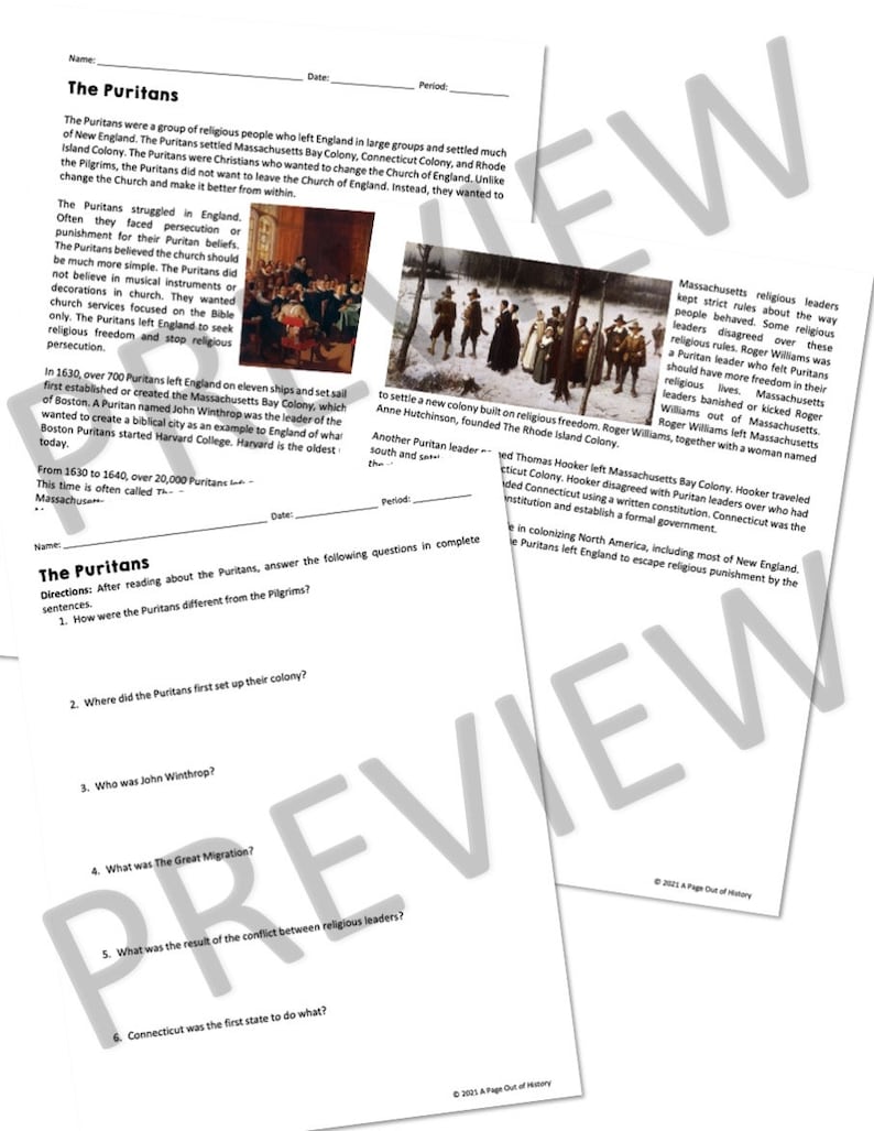 The Puritans Reading Worksheets and Answer Keys | 6-12 | Homeschool ...