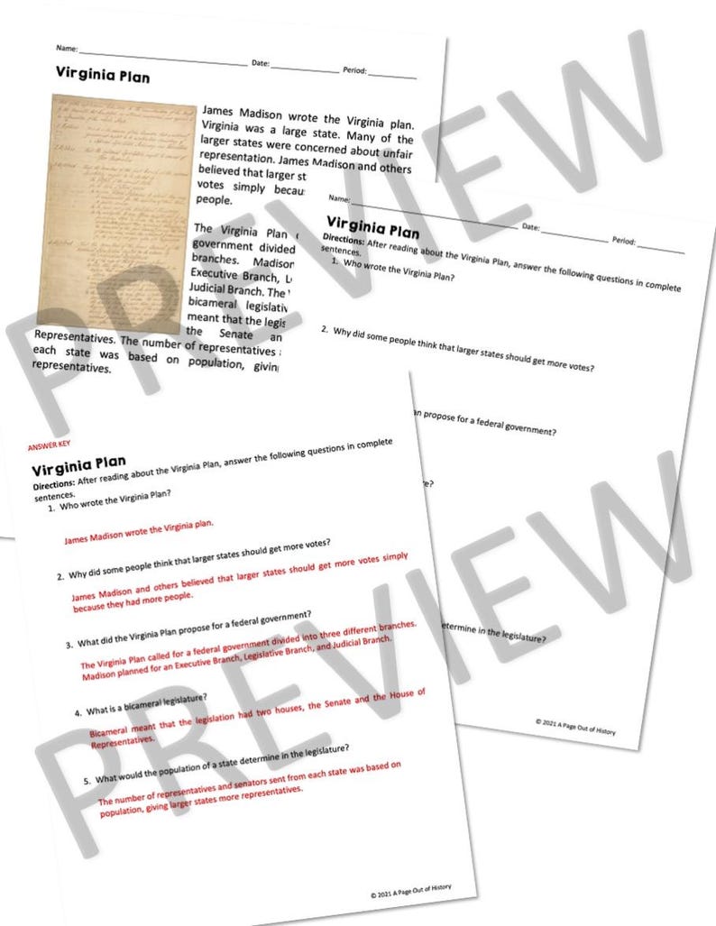 Virginia Plan Plan US Constitution Reading Worksheets Answer Keys ...