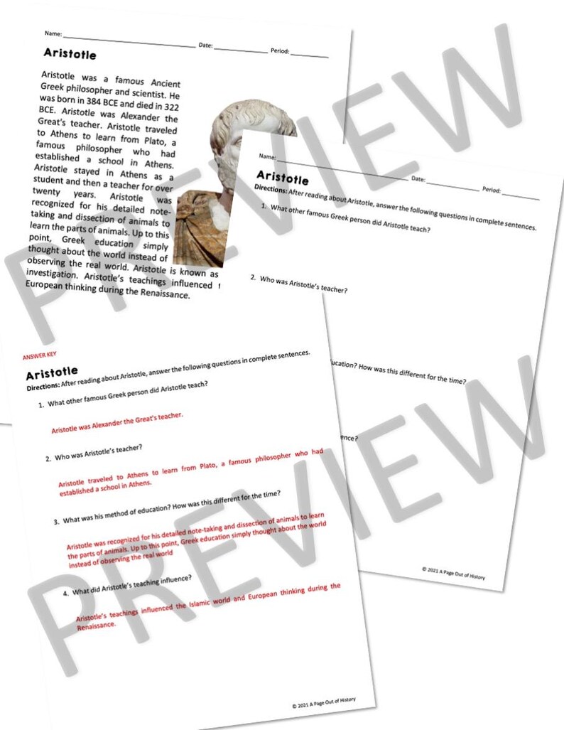 Aristotle Ancient Greece Reading Worksheets & Answer Keys, Ancient ...