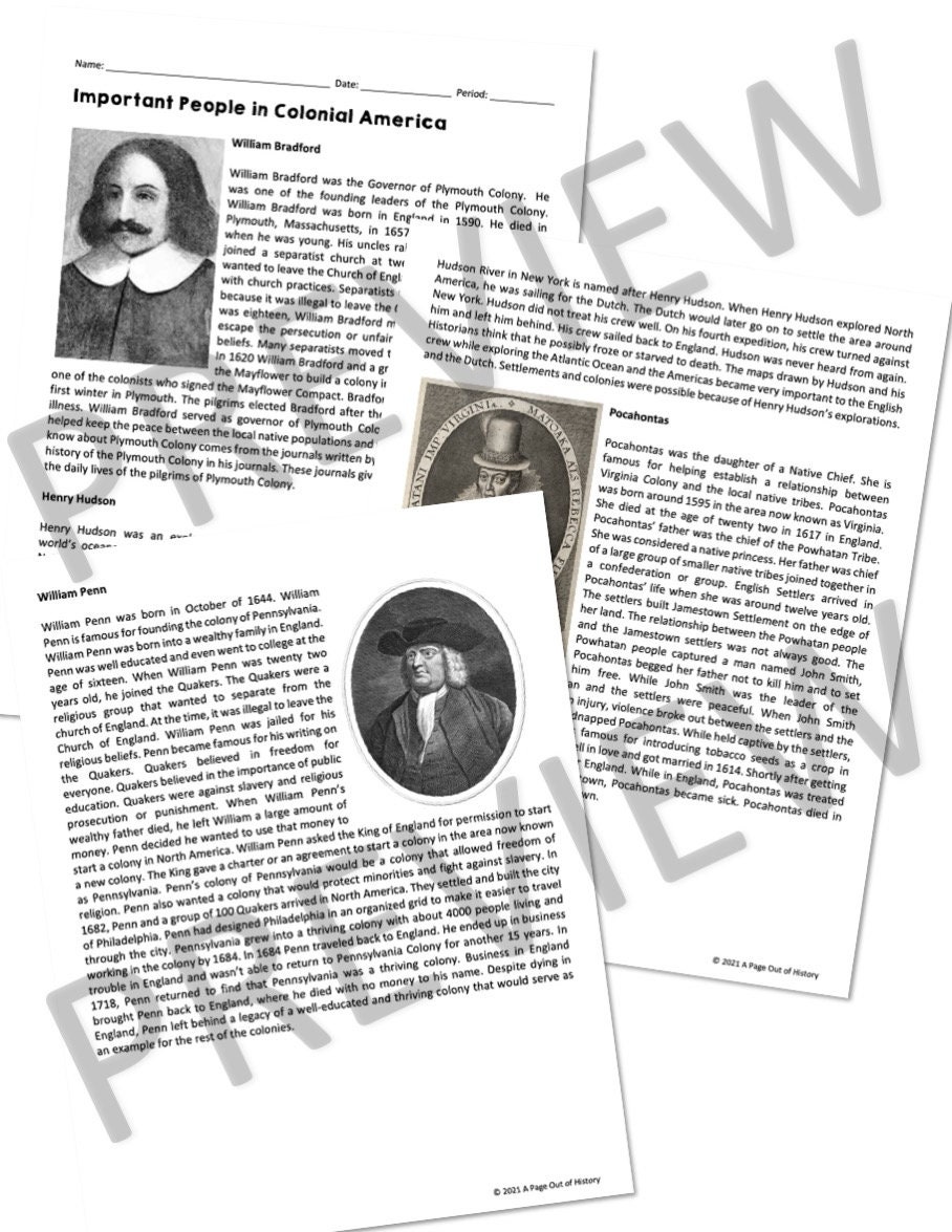 Important People in Colonial America Reading Worksheet and Answer Keys ...