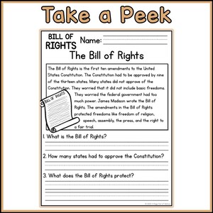 Bill of Rights Reading Comprehension Passages | K-2 | Homeschool ...
