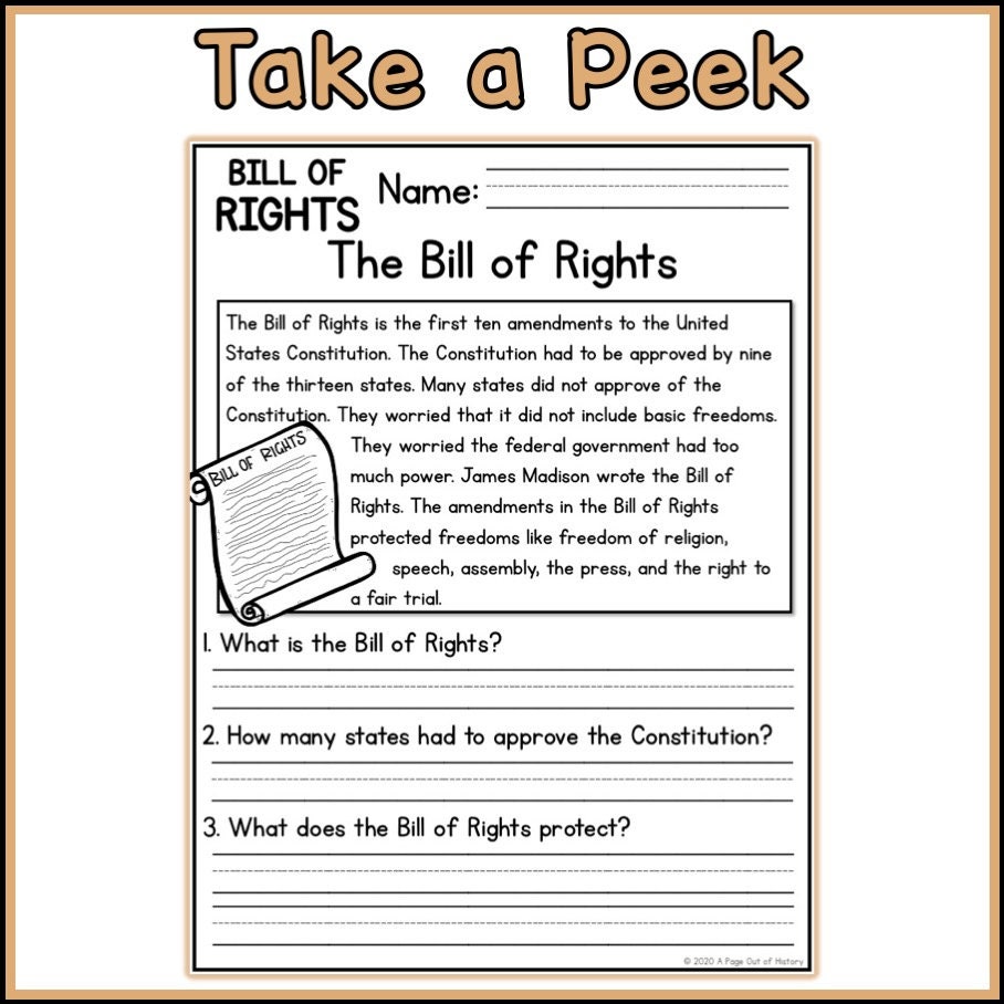 Bill of Rights Reading Comprehension Passages | K-2 | Homeschool ...