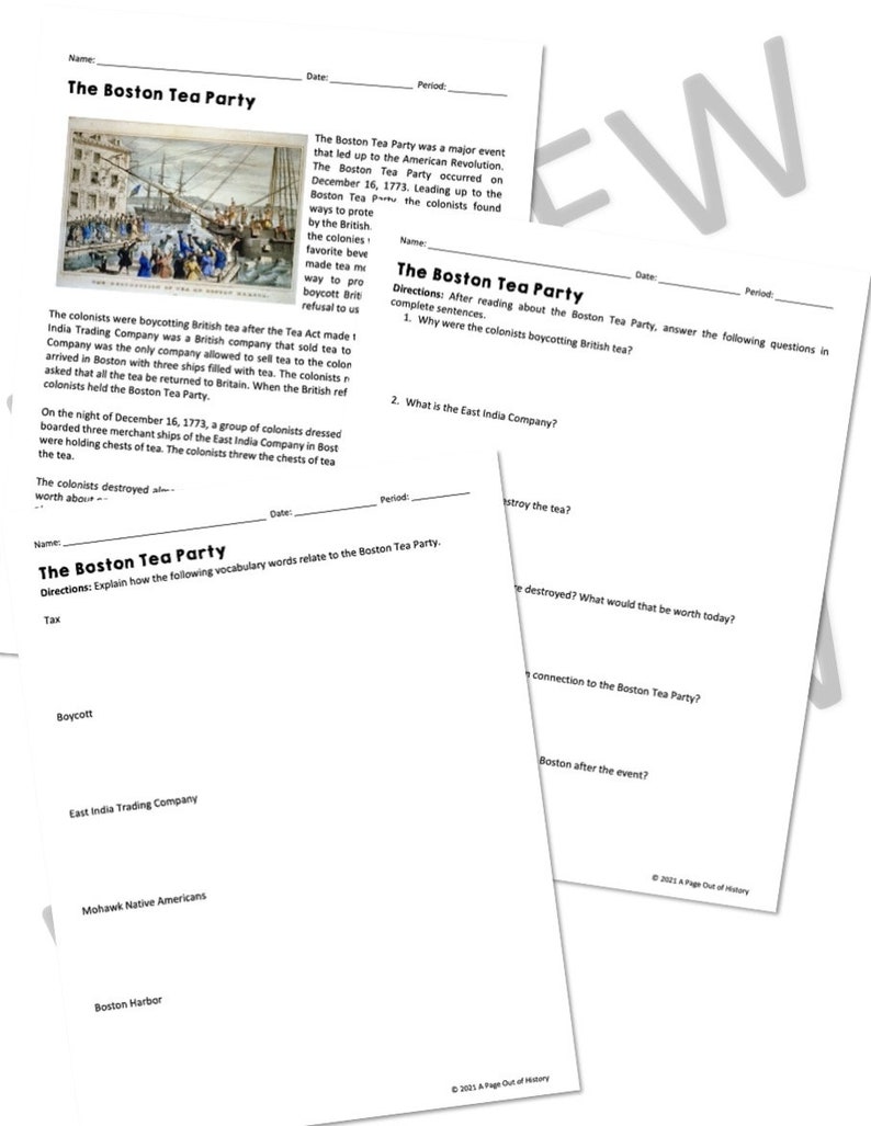 Boston Tea Party Reading Worksheets and Answer Keys | 6-12 | Homeschool ...