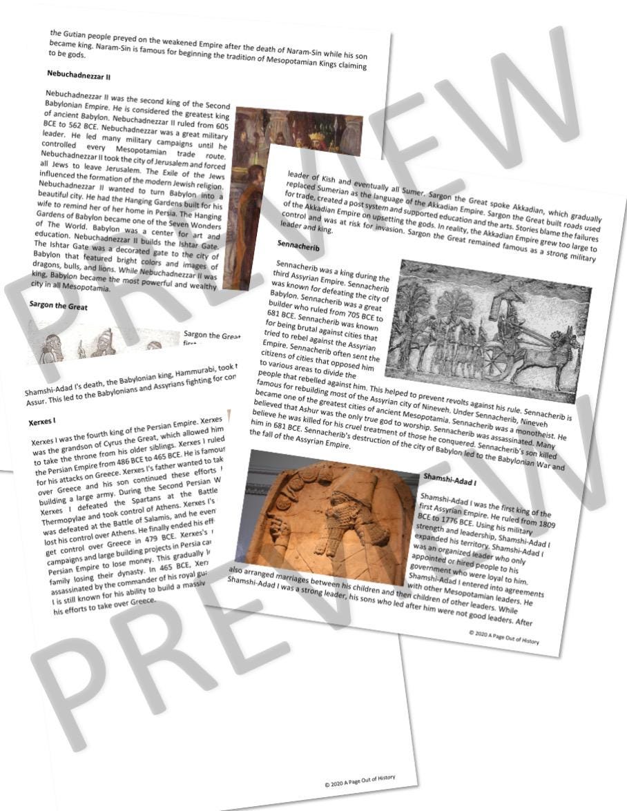 Famous Mesopotamia Rulers Reading Worksheets & Answer Keys, History ...