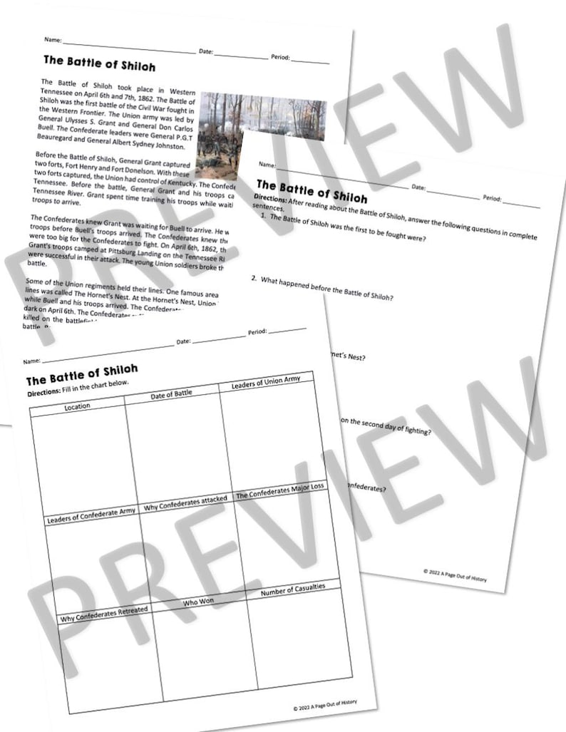 Battle of Shiloh Civil War Reading Worksheets & Answer Keys, Homeschool ...