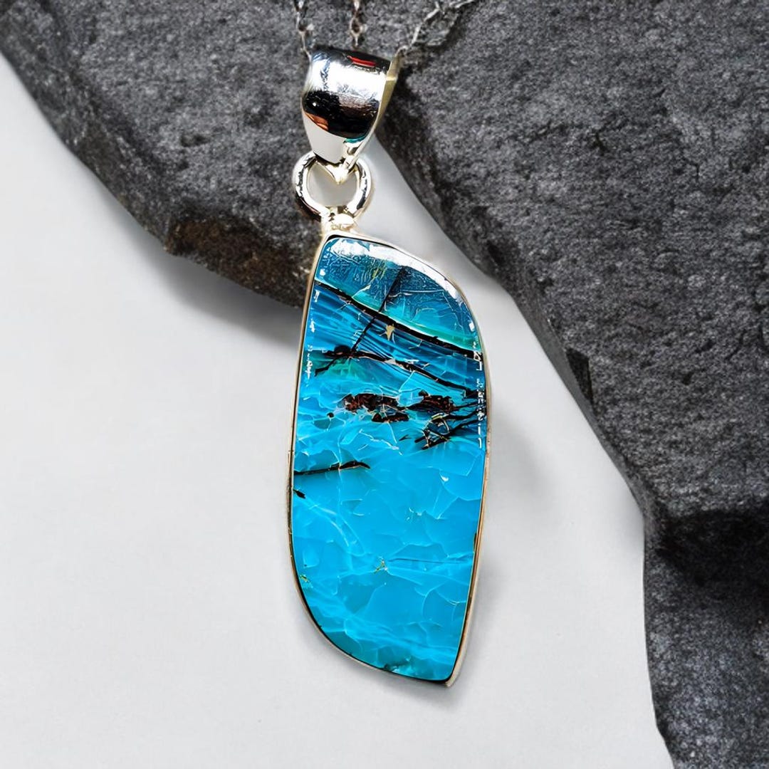 Natural Peruvian Blue Opalina Pendant – 925 Sterling Silver Leaf-shaped ...