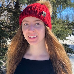 Women's Chunky Beanie With Pompom, Cozy Knit Ribbed Toque, Crochet Red ...