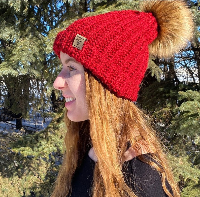 Women's Chunky Beanie With Pompom, Cozy Knit Ribbed Toque, Crochet Red ...