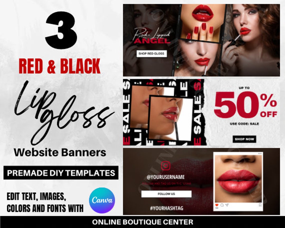 3 DIY Red Black Lipgloss Lipstick Website Banners, Canva Template ...