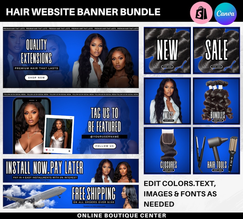 DIY Blue Black White Hair Website Banner Set, Shopify Premade Template ...