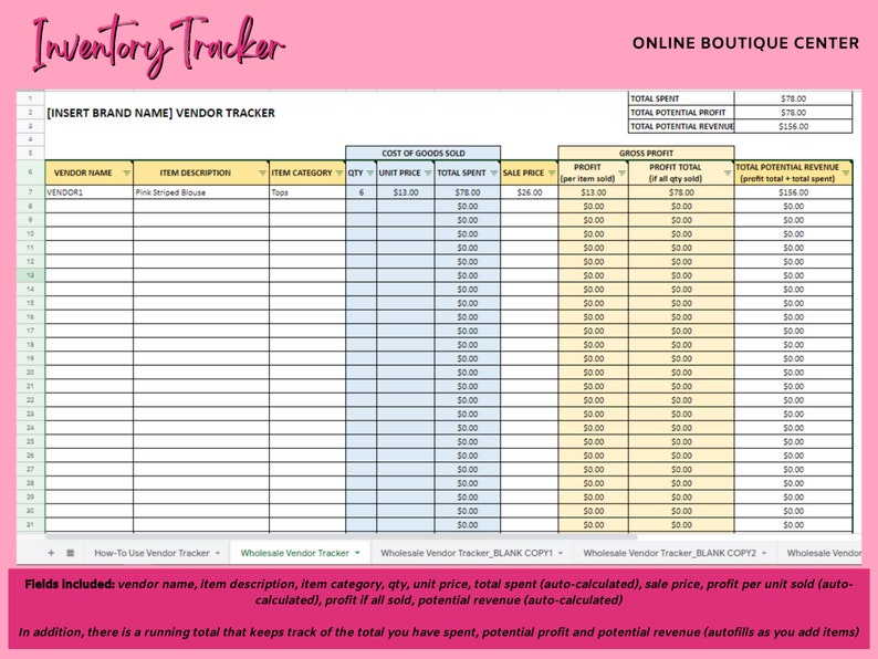 Inventory Tracker, Expense Tracker, Vendor Tracker, Supplier List, Line ...