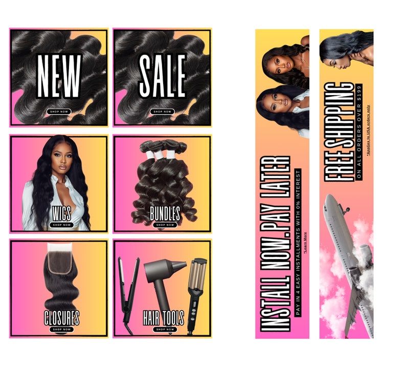 DIY Hair Website Banner Set, Shopify Premade Template, Wig Categories ...