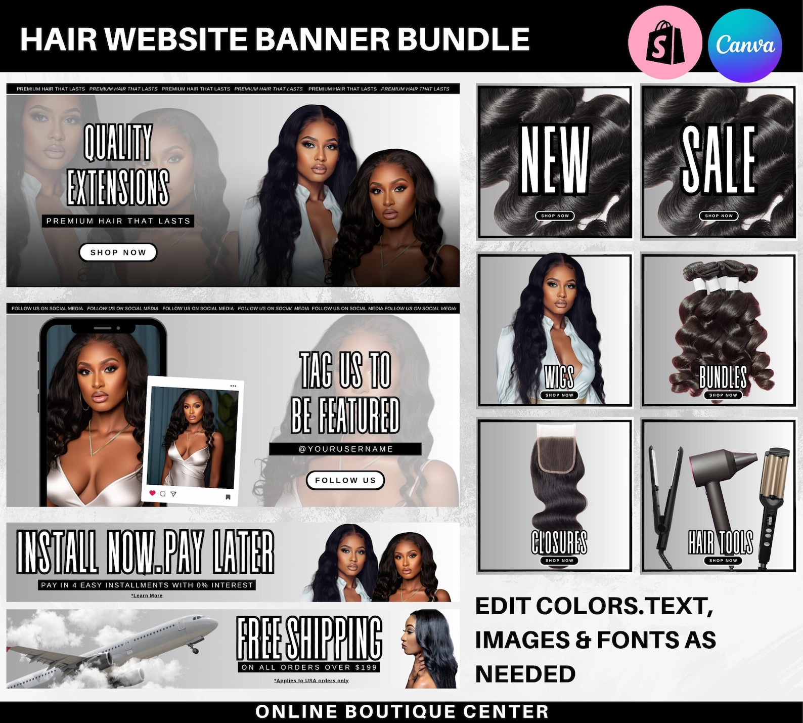 DIY Black White Hair Website Banner Set, Shopify Premade Template, Wig ...