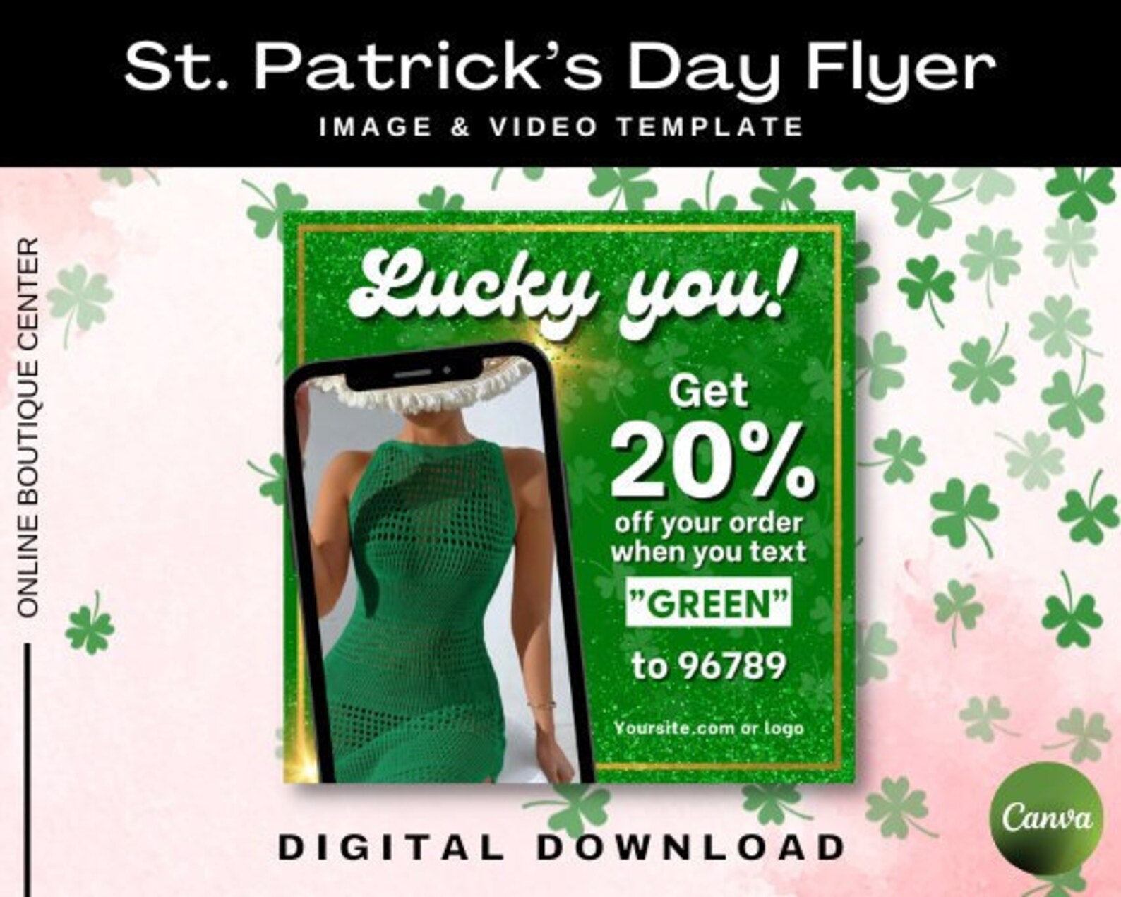 St Patricks Day Text Us Flyer, Boutique Template, Canva Template ...