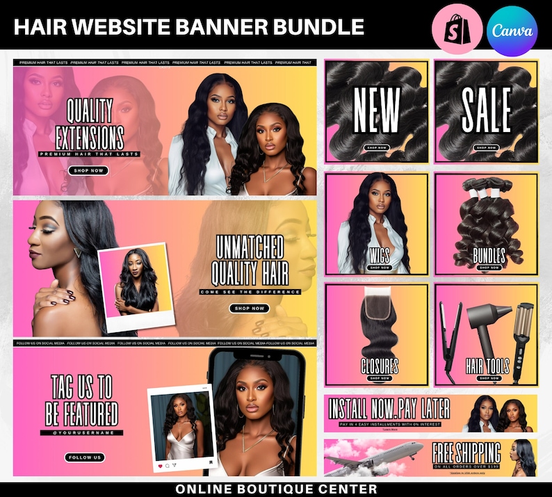 DIY Hair Website Banner Set, Shopify Premade Template, Wig Categories ...