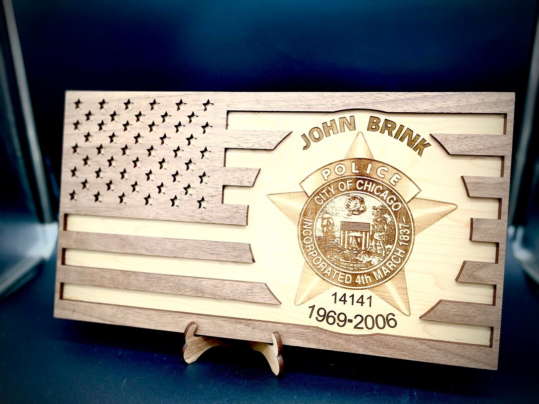 Wood Flags With First Responder Emblems | Wood Engraved Police and Fire ...