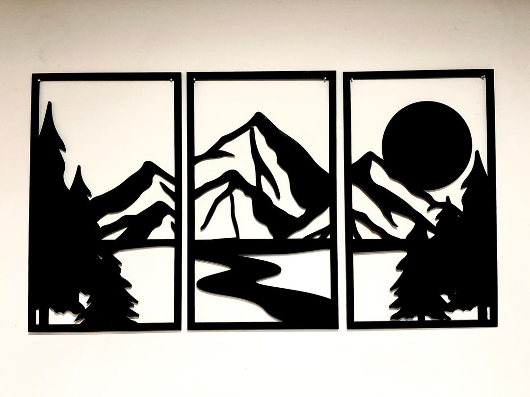 Wood Mountain Wall Art Décor | Wooden Mountain Art | 3 Panel Wood Wall ...