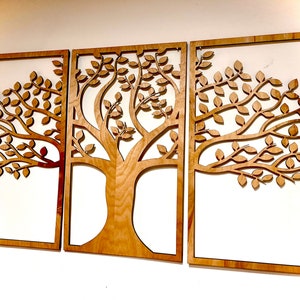 Wood Tree Wall Art Decor | Wooden Tree Art | 3 Panel Wood Wall Art ...