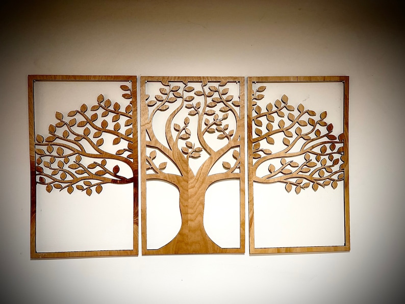 Wood Tree Wall Art Decor | Wooden Tree Art | 3 Panel Wood Wall Art ...
