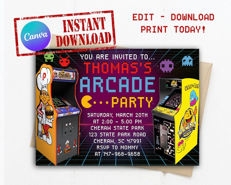 Arcade Birthday Invitation, Arcade Birthday Party, Video Game Party ...