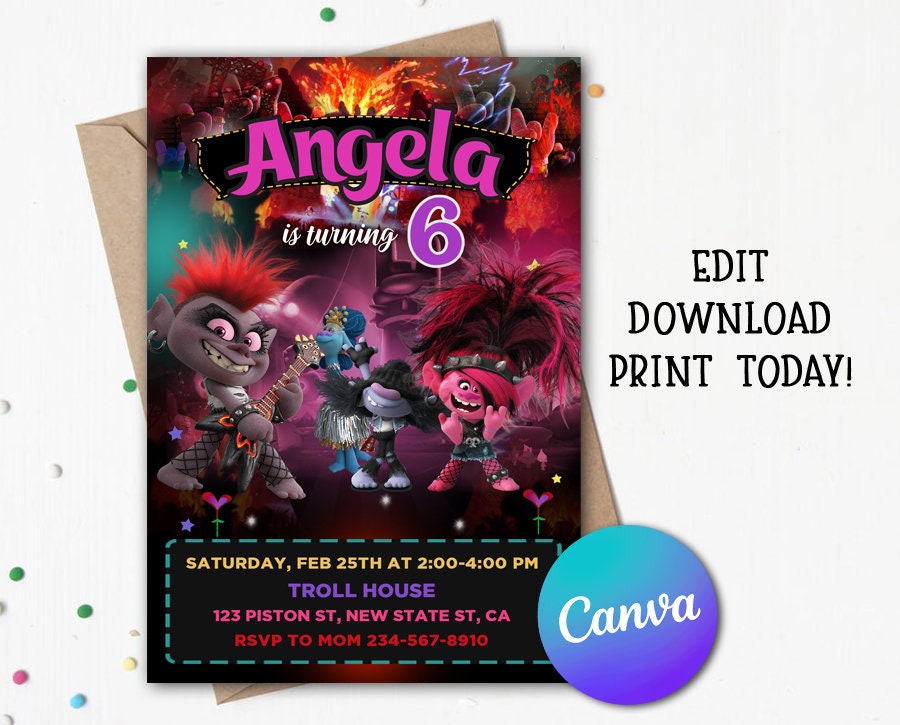 Trolls 2 World Tour Birthday Invitation, Trolls 2 Invitation Digital ...