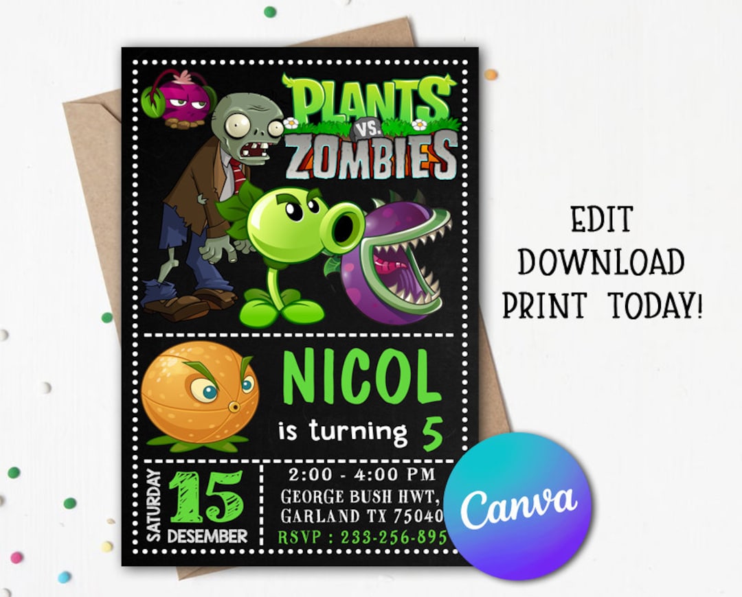 Plants Vs Zombies Invitation, Plants Vs Zombies Birthday, Plants Vs ...